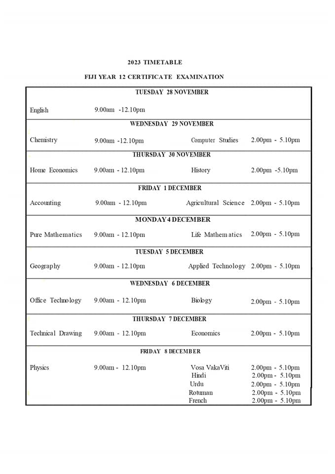 Fiji year 12 and 13 External examination timetable 2023 - magaribeipoa