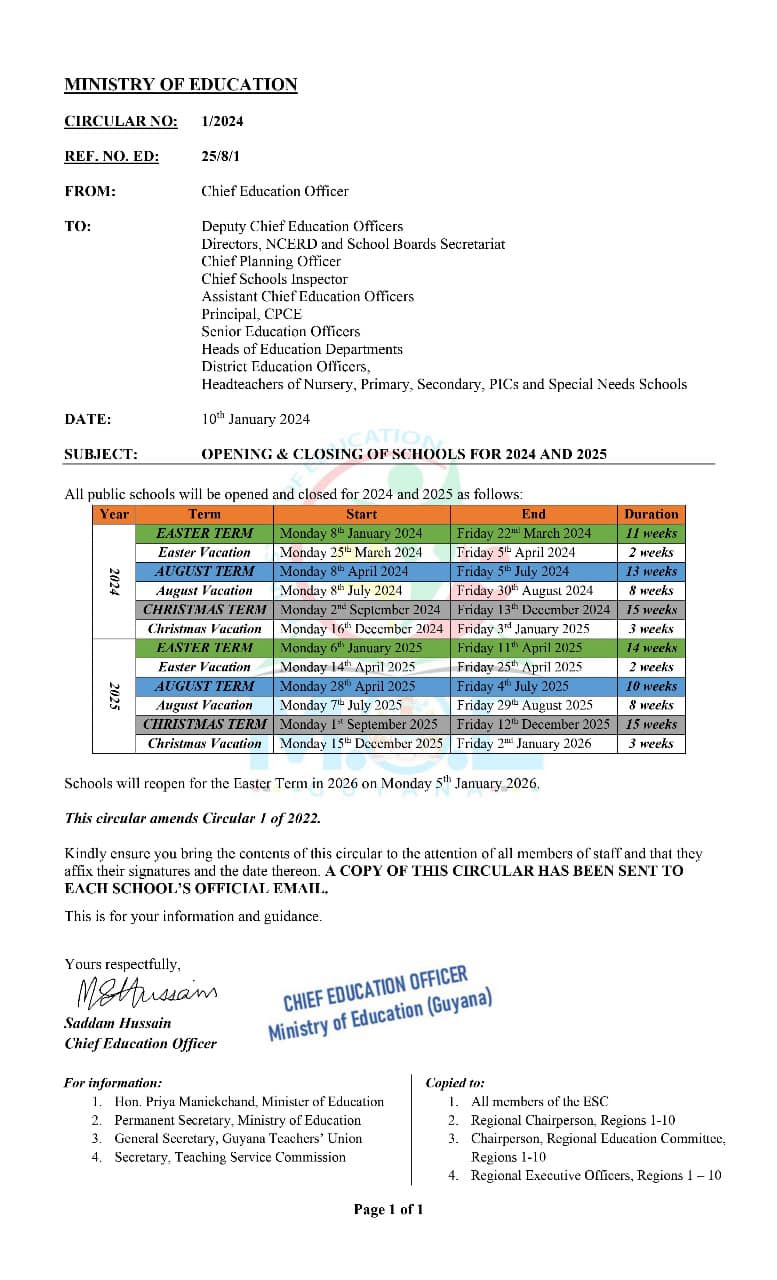Guyana school term dates 2024/2025 - magaribeipoa